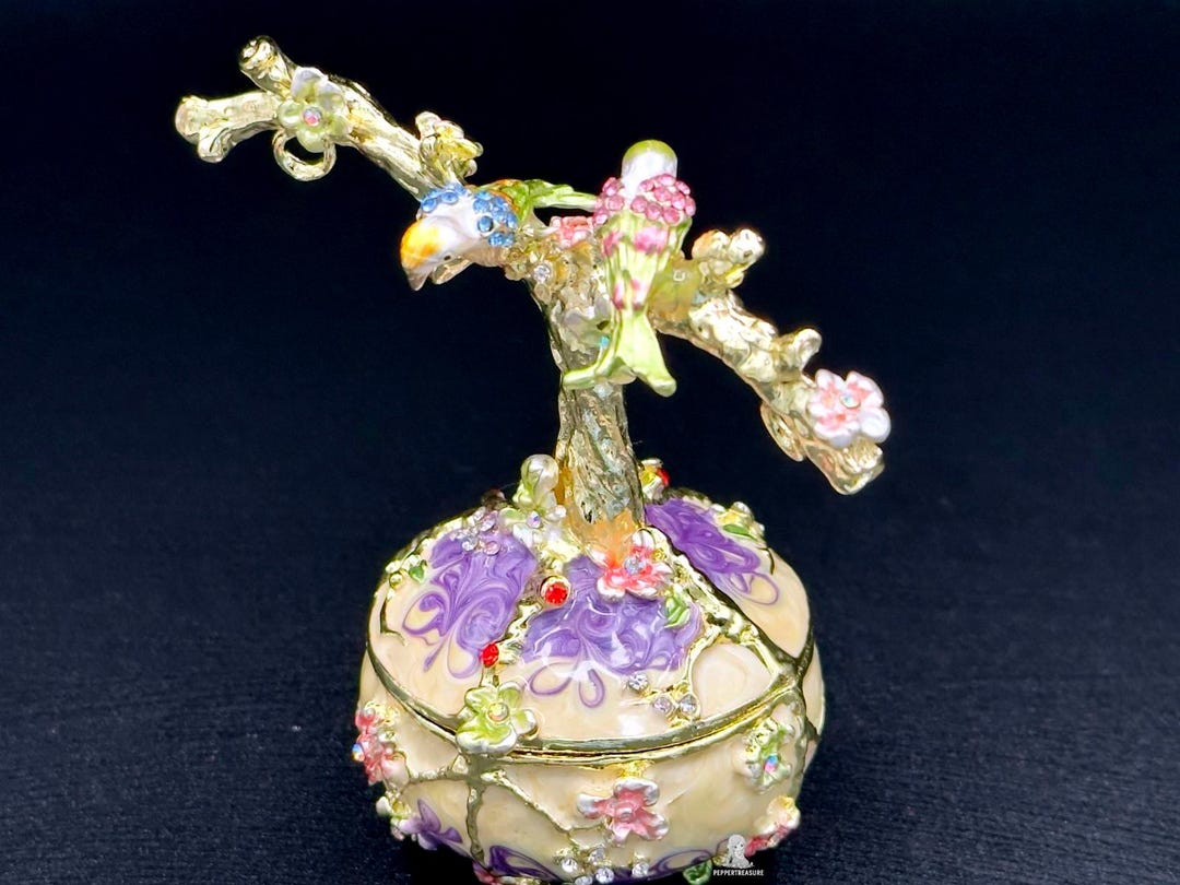 Whimsical Bird & Branch Trinket Box With Floral Charm - Etsy