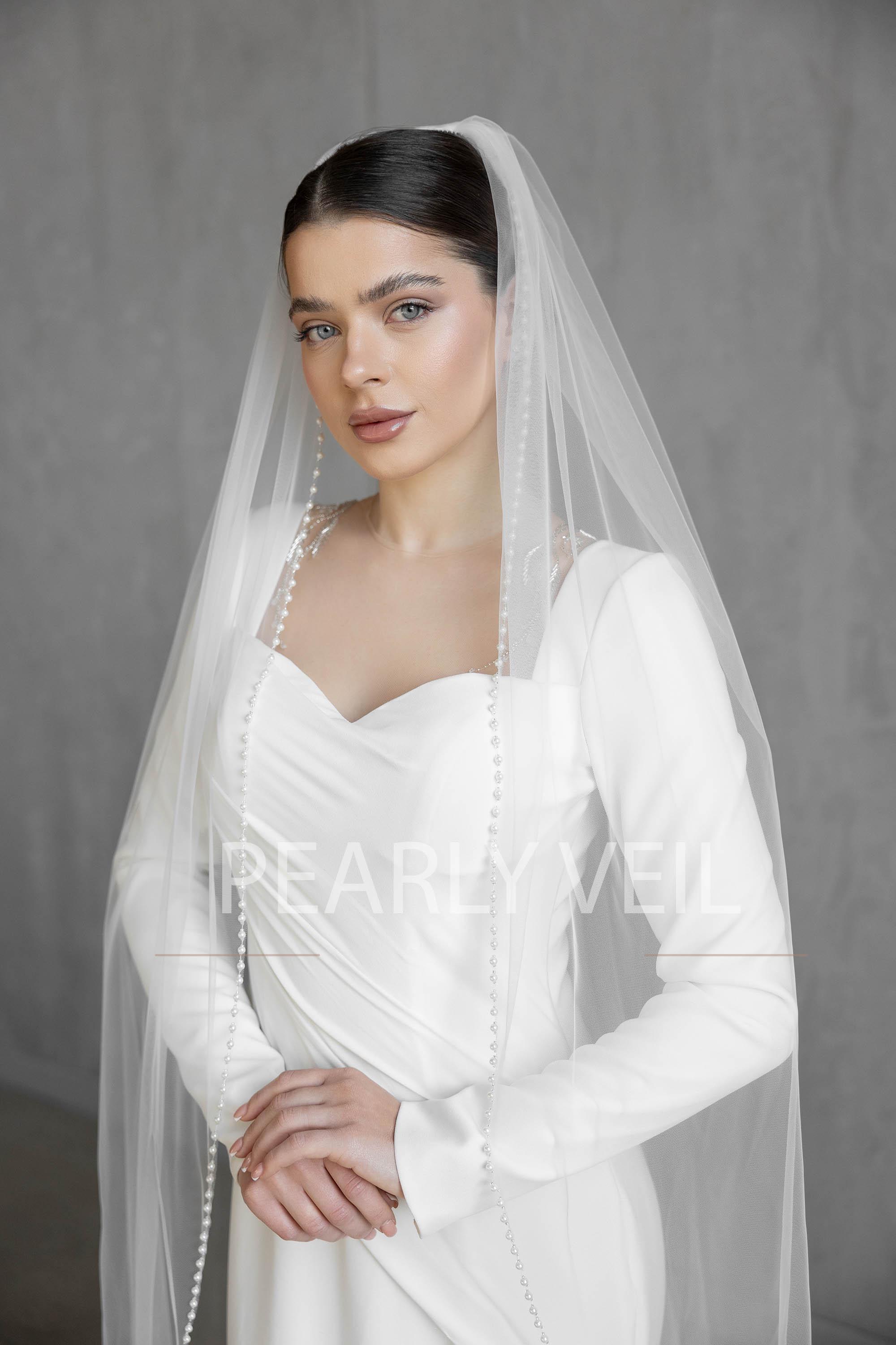 Edged Pearls Long Veil,pearl Trim Veil,elegant Weddingveil, Cathedral ...