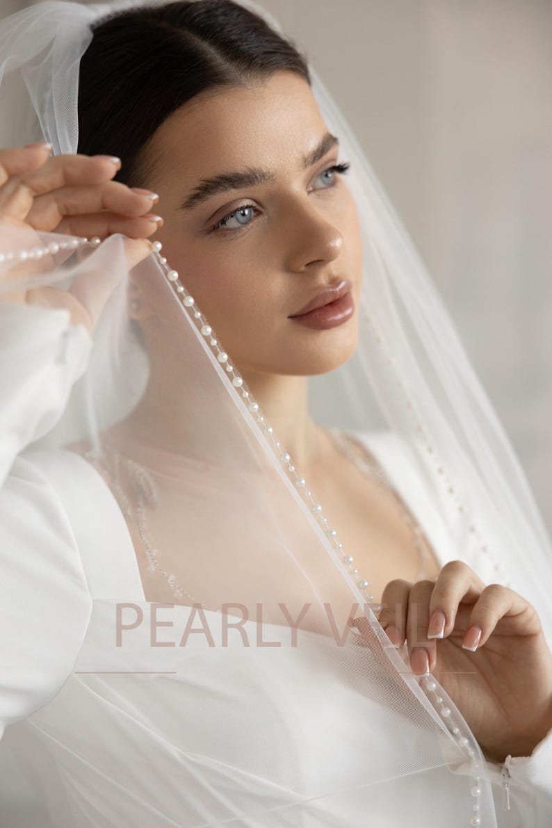 Pearl Beaded Wedding Veil Bridal Fingertip Veil Pearl Trim Veil Beaded ...
