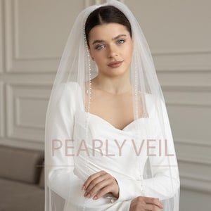 Edged Pearls Long Veil,pearl Trim Short Wedding Veil Elegant Cathedral ...