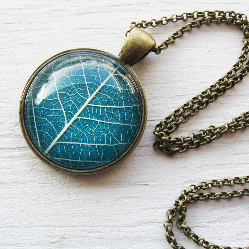 Real Botanical Jewelry Teal and Antique Brass Leaf Necklace | Etsy