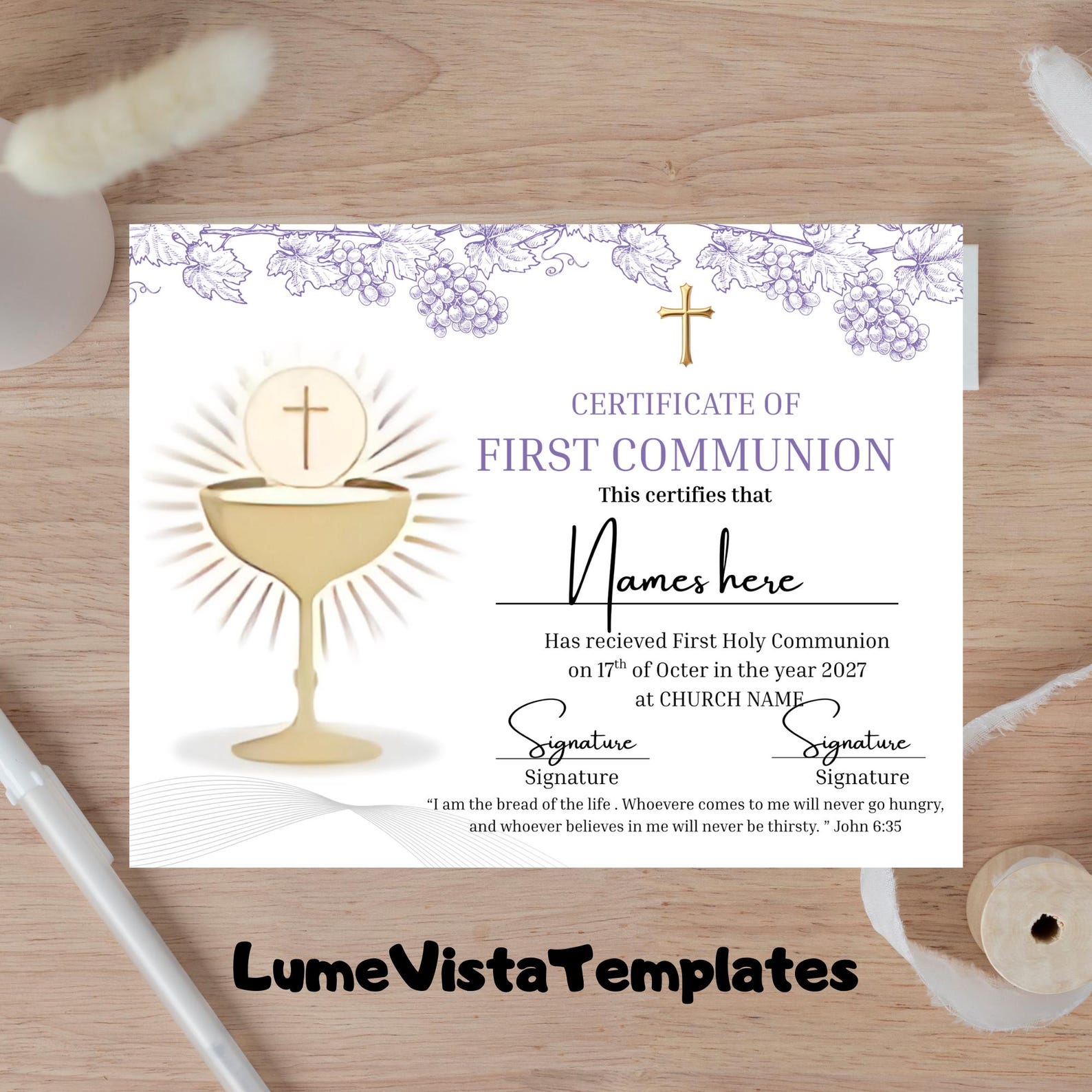 First Communion Certificate, 11x8.5 Printable First Communion ...
