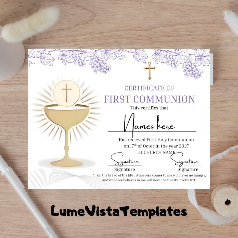 First Communion Certificate, 11x8.5 Printable First Communion ...