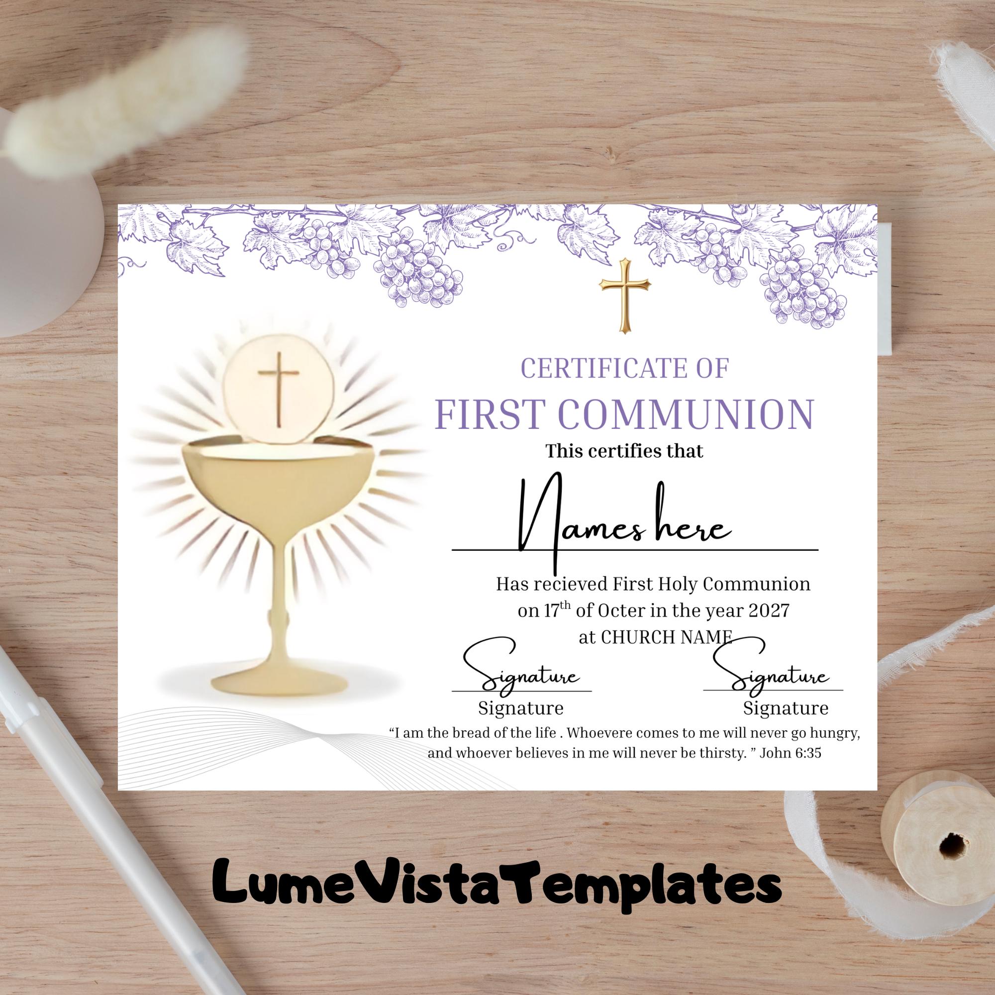 First Communion Certificate, 11x8.5 Printable First Communion ...