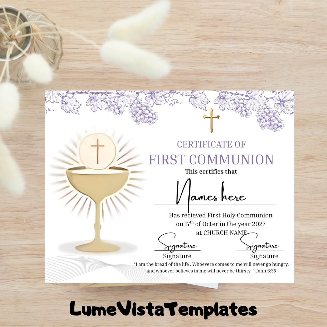 First Communion Certificate, 11x8.5 Printable First Communion ...