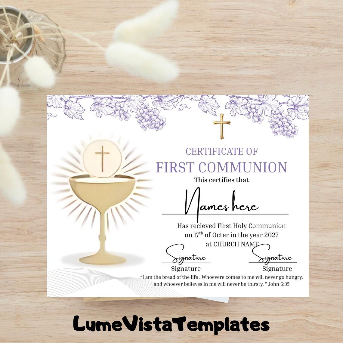 First Communion Certificate, 11x8.5 Printable First Communion ...