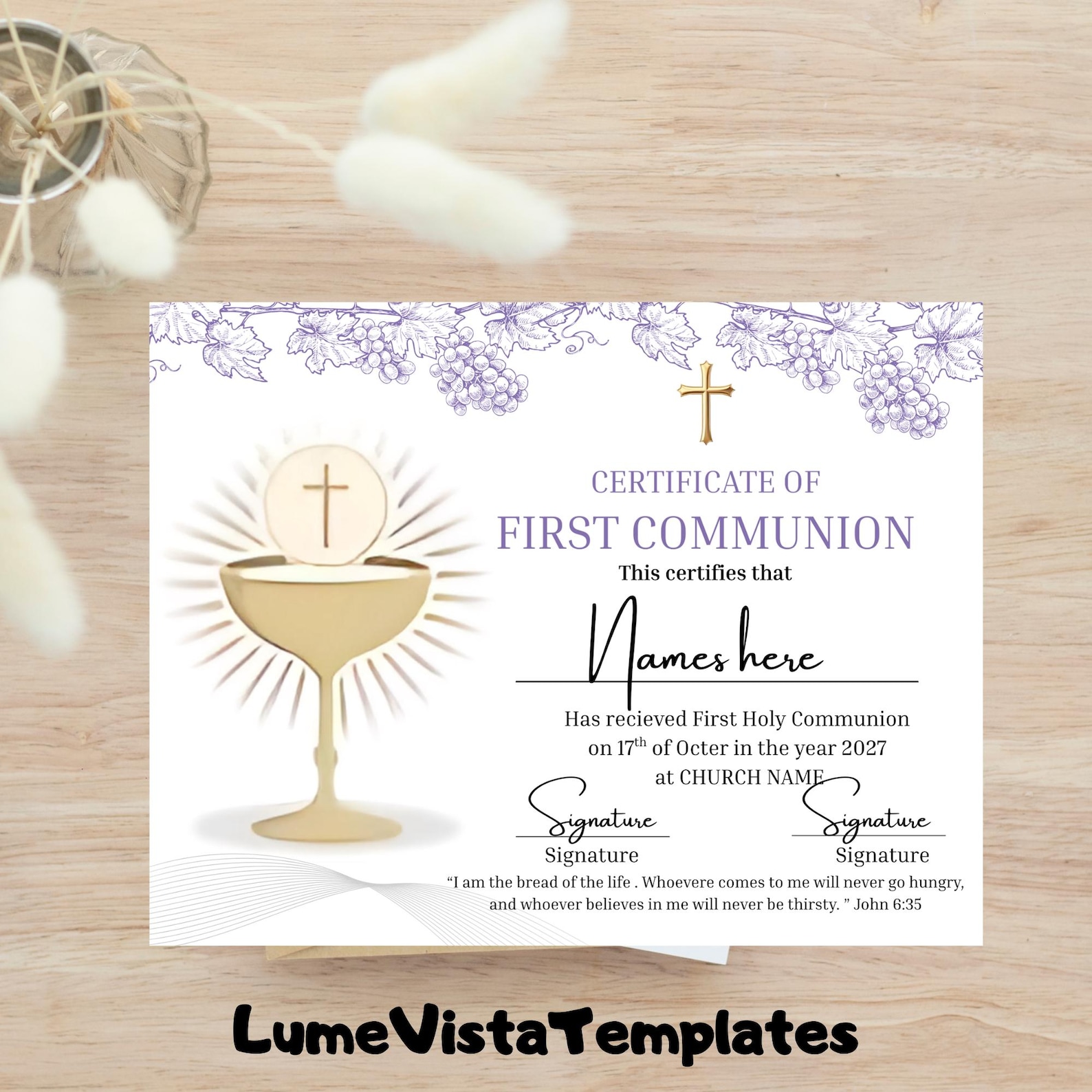 First Communion Certificate, 11x8.5 Printable First Communion ...