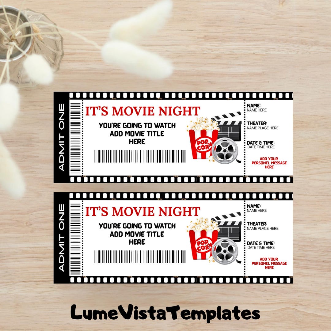 Printable Movie Gift Tickets: Cinema Birthday Party Reveal (canva ...