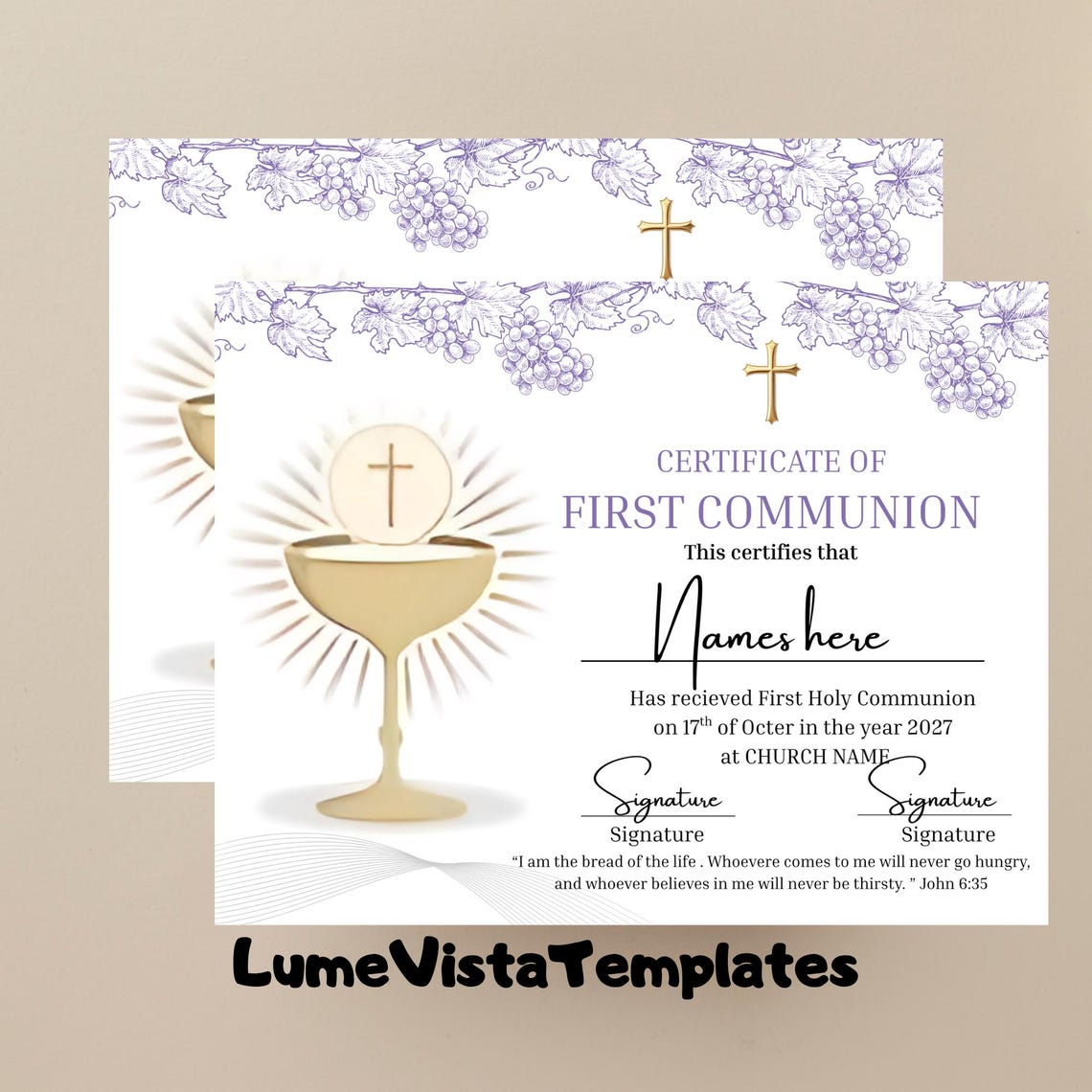 First Communion Certificate, 11x8.5 Printable First Communion ...