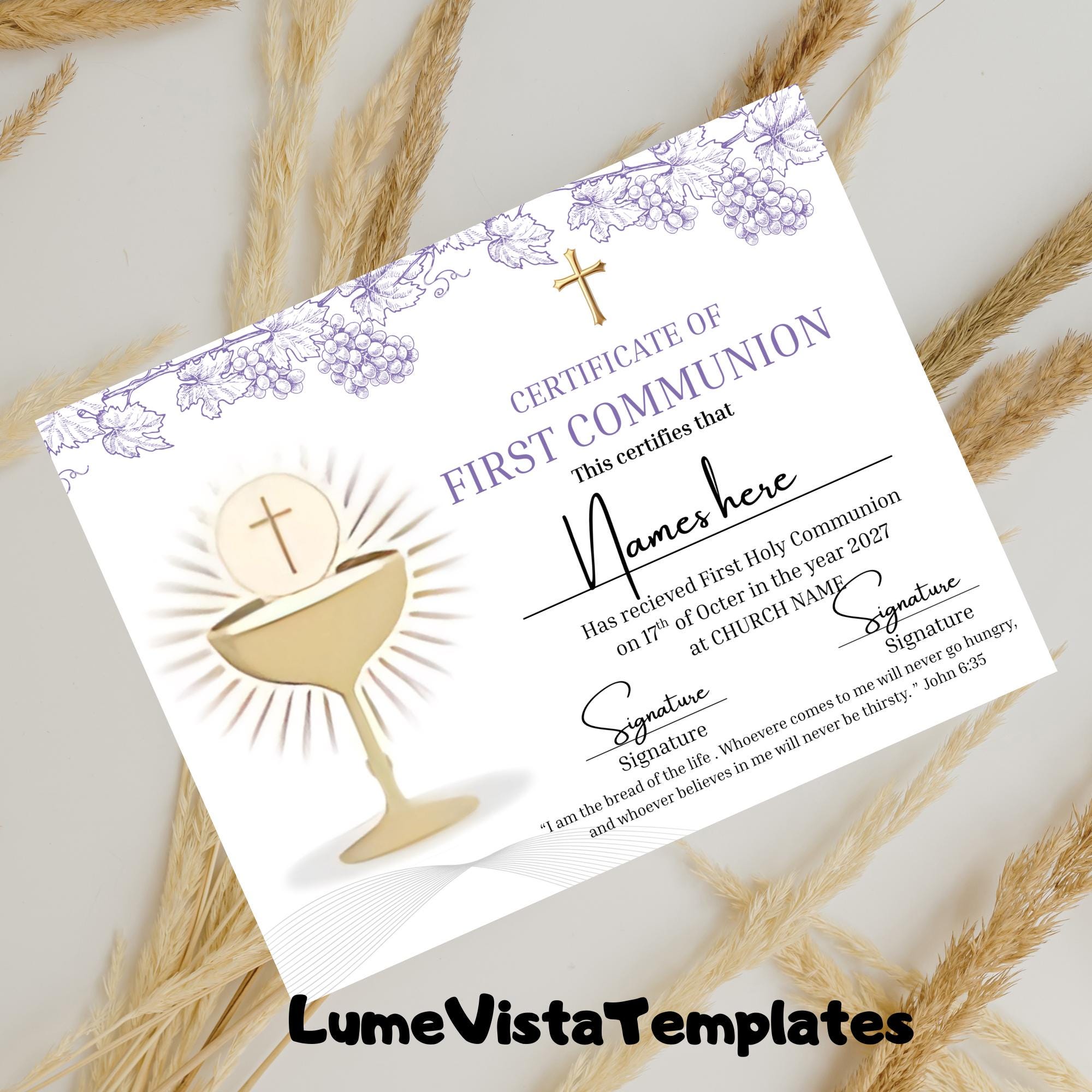 First Communion Certificate, 11x8.5 Printable First Communion ...