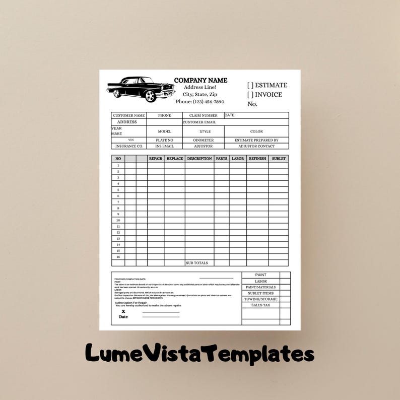 Editable Auto Body Repair Estimate Template (printable PDF) - Etsy