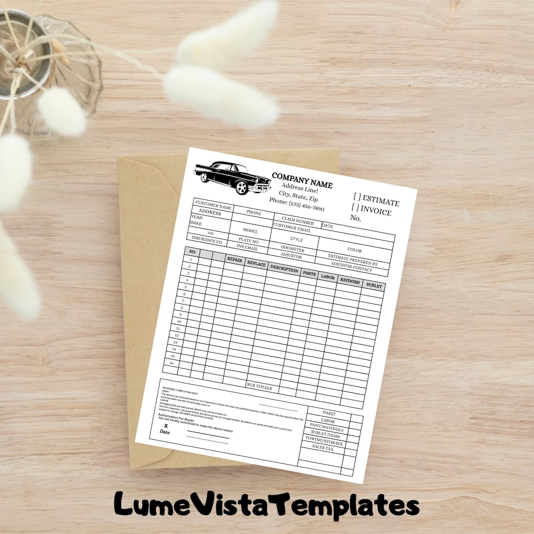 Editable Auto Body Repair Estimate Template (printable PDF) - Etsy