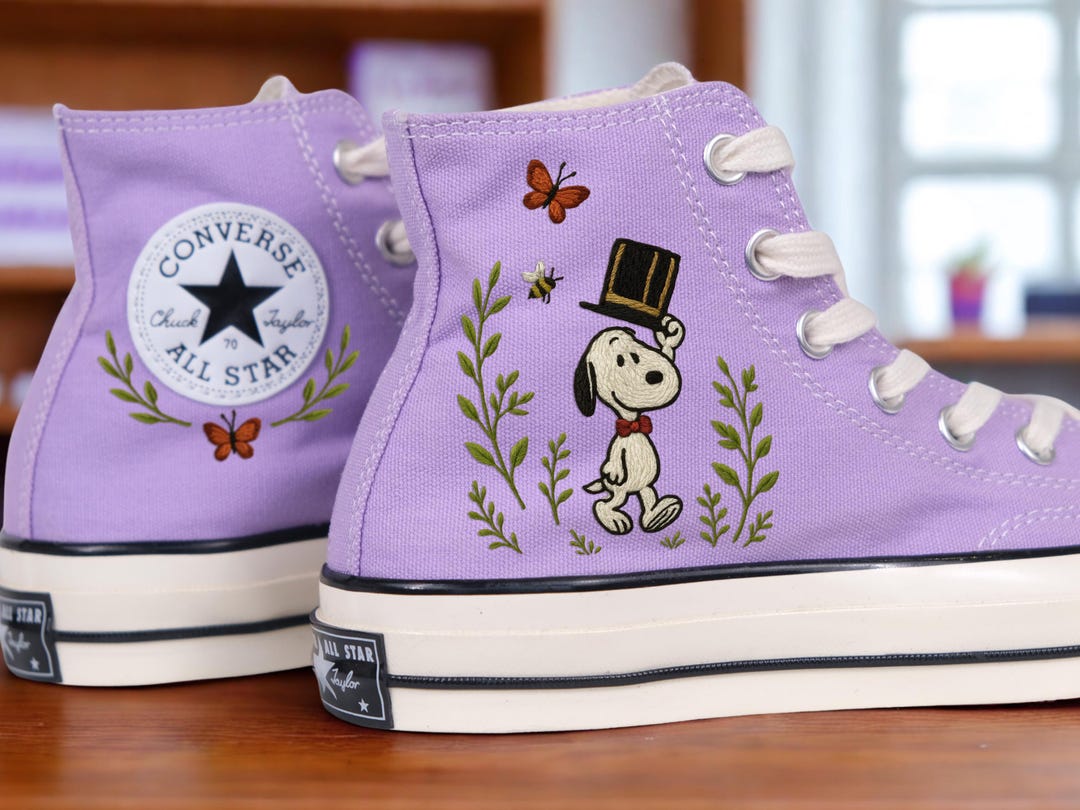 Hand Embroidered Dog Converse, Custom Purple High Top Sneakers, Cute ...