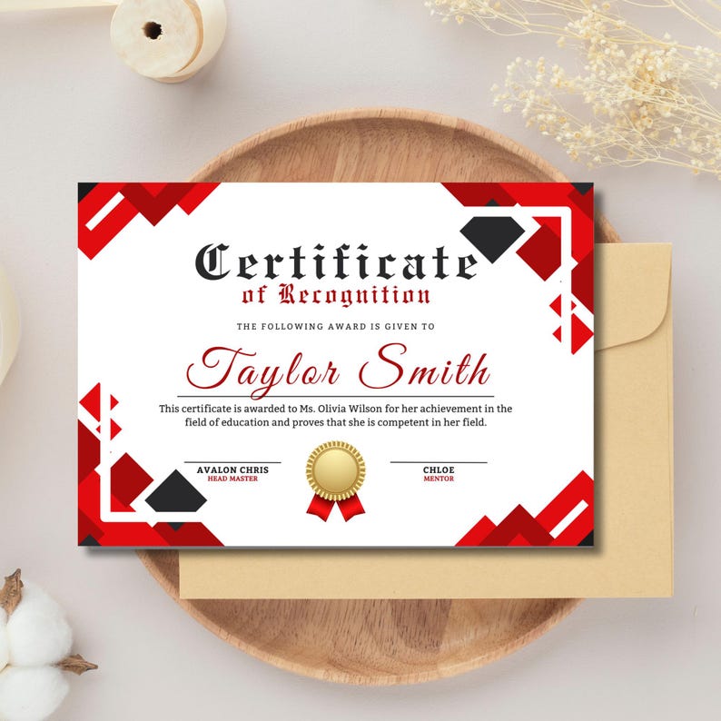 Red Themed Achievement Certificate, White Background Certificate, Award ...