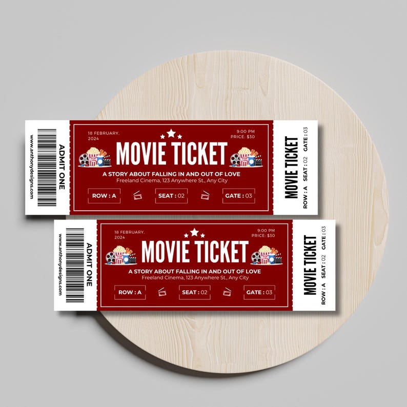 Maroon and White Editable Movie Ticket Design, Modern Movie Ticket ...