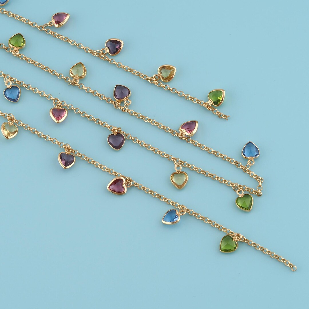 1 Meter 18K Gold Filled Heart Shaped Crystal Chain, Plated Tiny CZ ...
