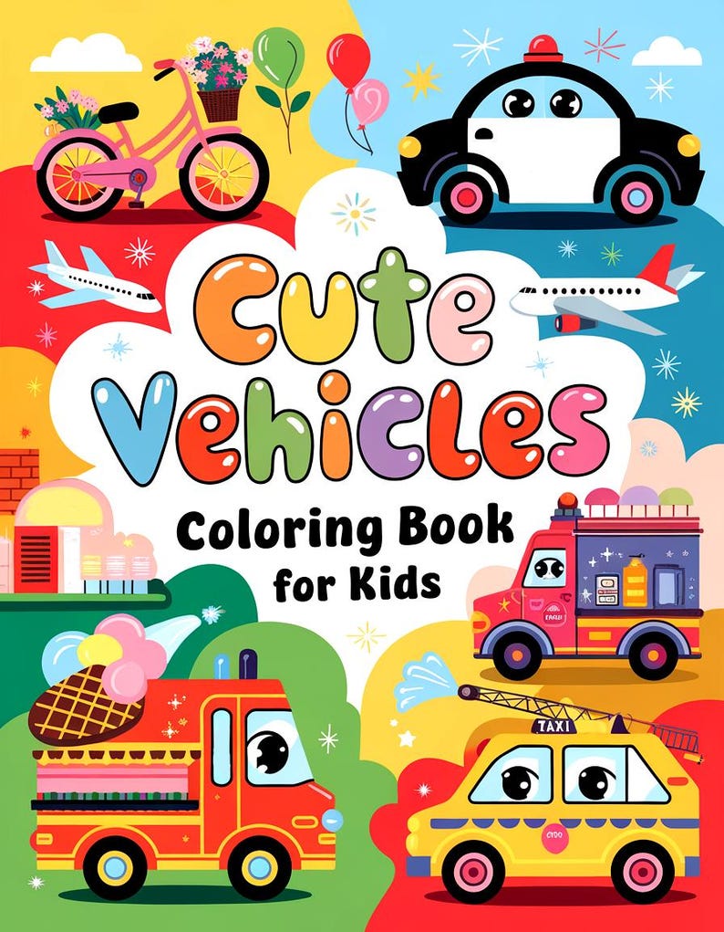 Cute Vehicles Coloring Book for Kids - Etsy