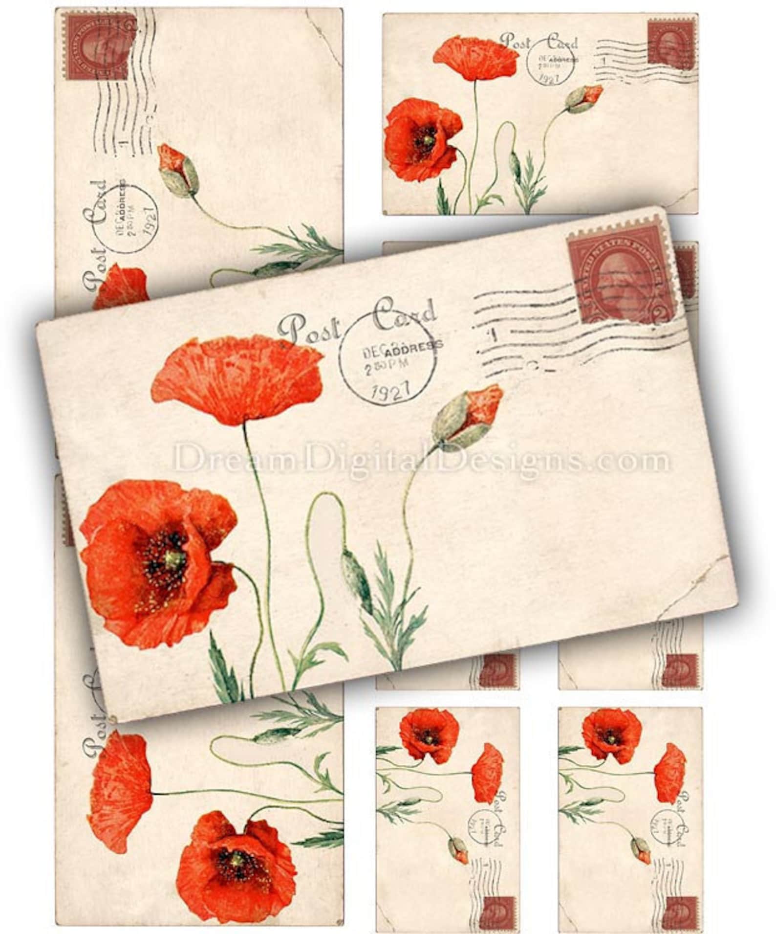 Red Poppies Printable Digital Collage Sheet, Poppy Flowers, Vintage ...