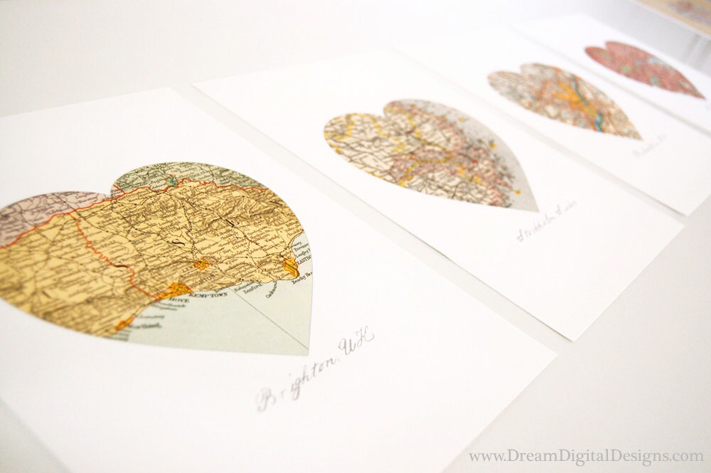 Heart Map Art Set of Four Personalized Map Prints Custom Wedding ...