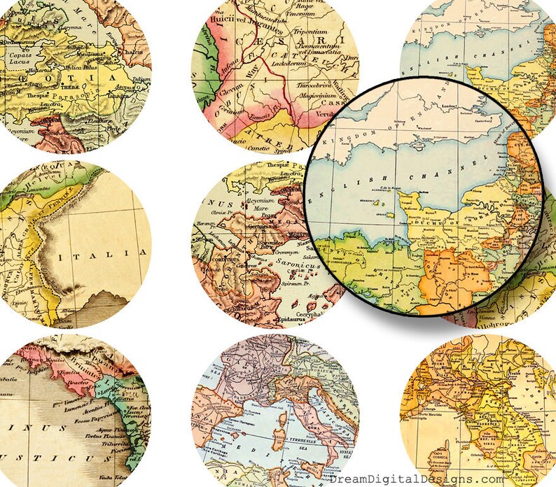 Printable Maps, 2 Inch Circles, Digital Collage Sheet, Digital Circle ...