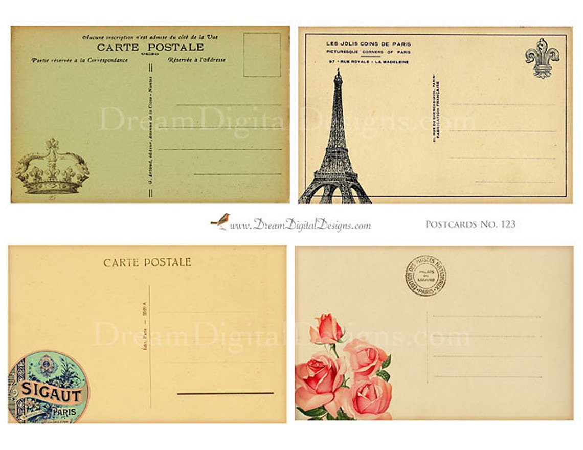 Vintage French Postcard Backs - Paris Digital Collage Sheet, French ...