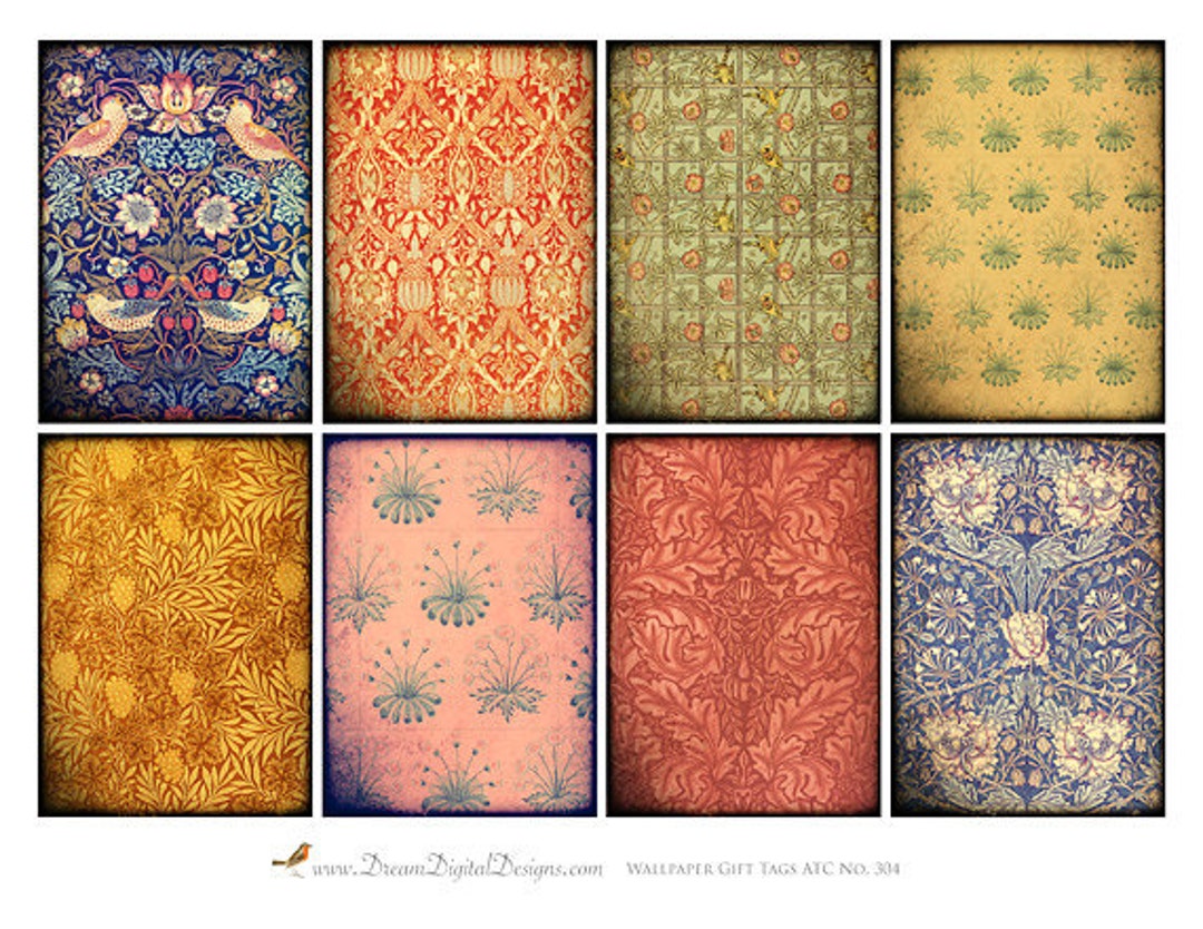 Printable Vintage Wallpaper, Digital Collage, Printable Gift Tags, ATC ...