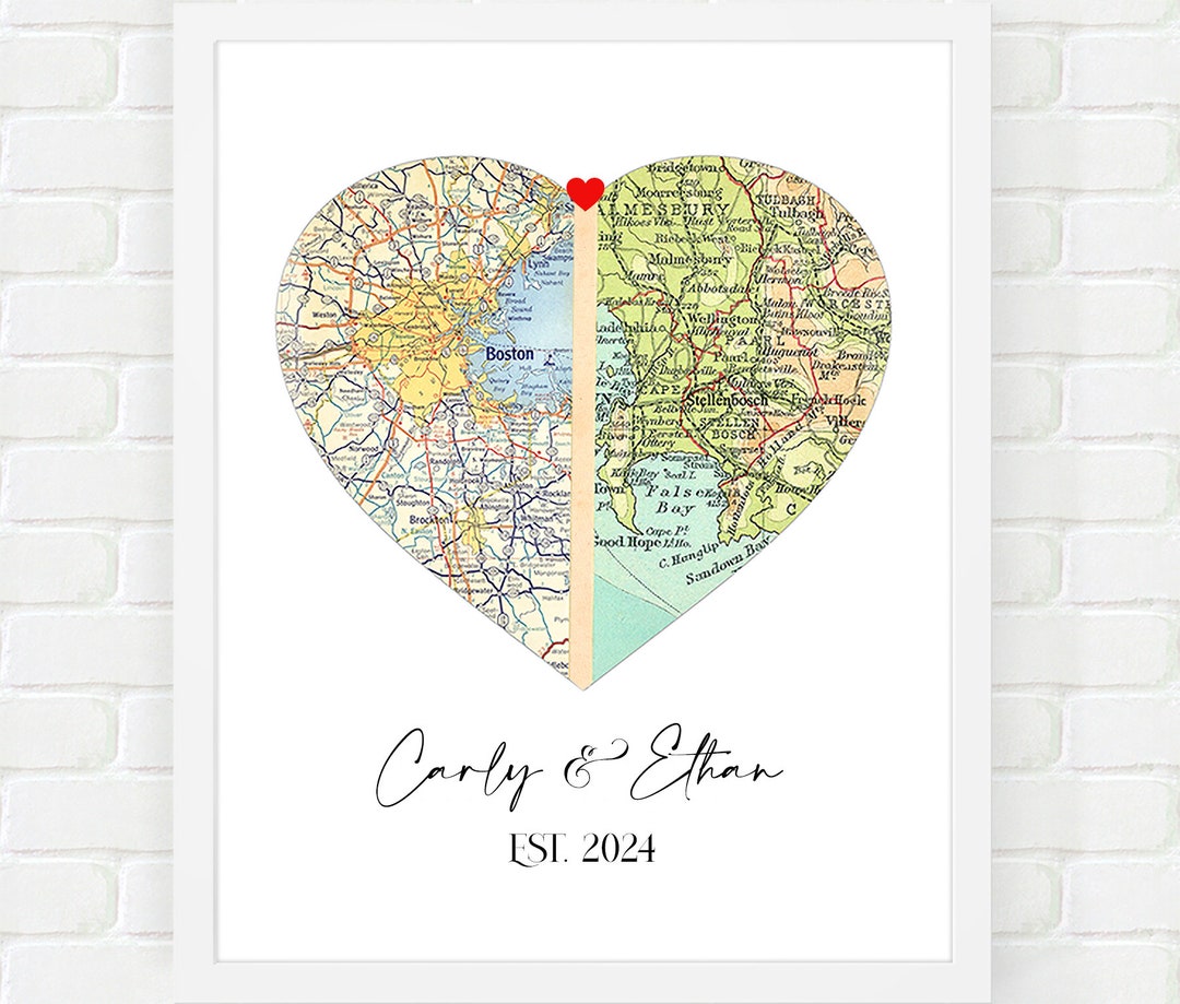 Custom Heart Map for Couples, Personalized Bridal Shower Gift, Paper ...