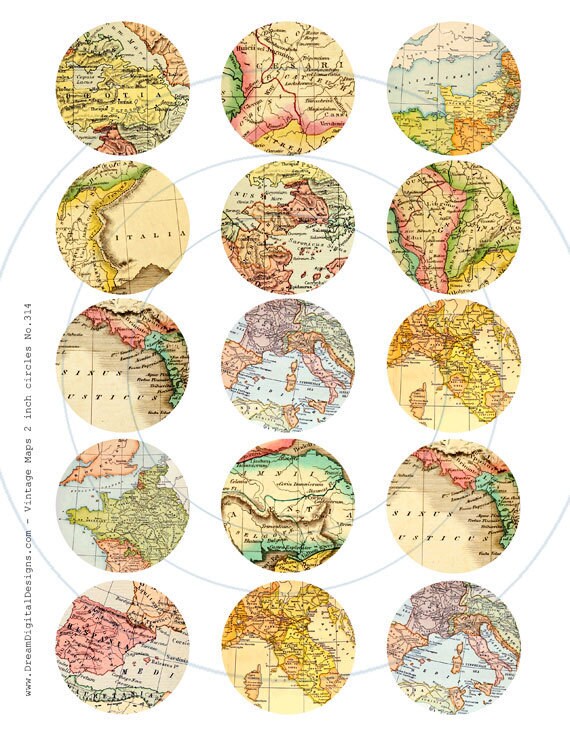 Printable Maps, 2 Inch Circles, Digital Collage Sheet, Digital Circle ...