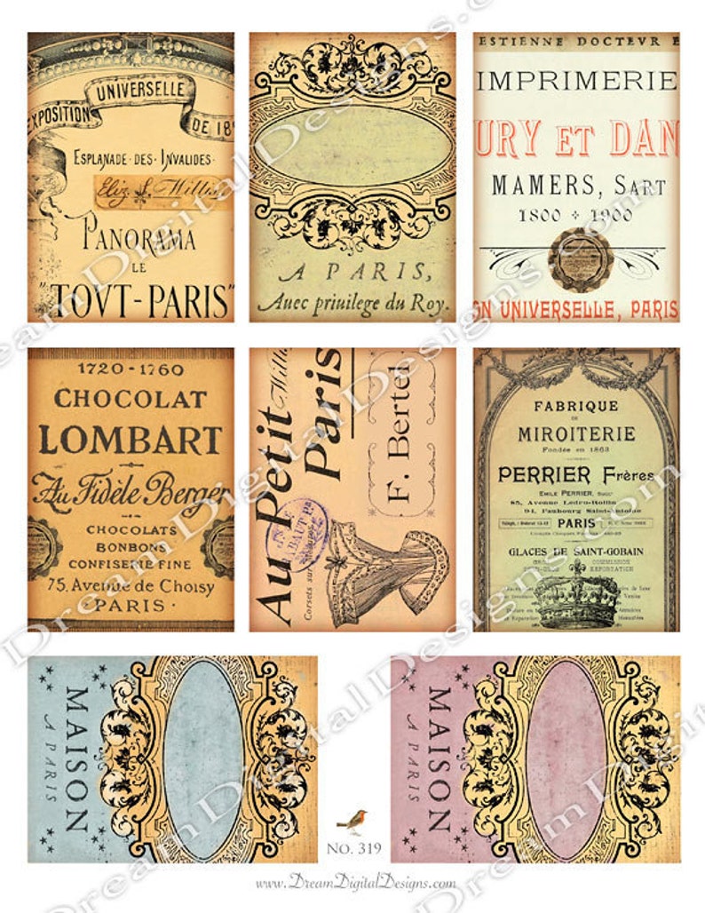 Paris Printable Ephemera, Tags, French Vintage Text, Digital Collage ...
