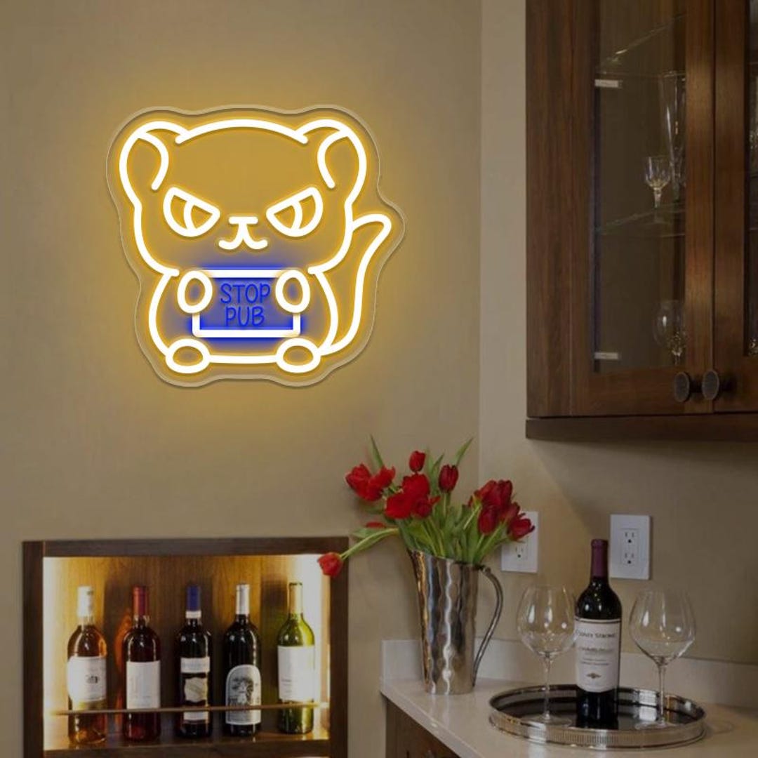 Stop Pub Shop Neon Sign,cartoon Mouse Neon Light,cute Totoro Holding a ...