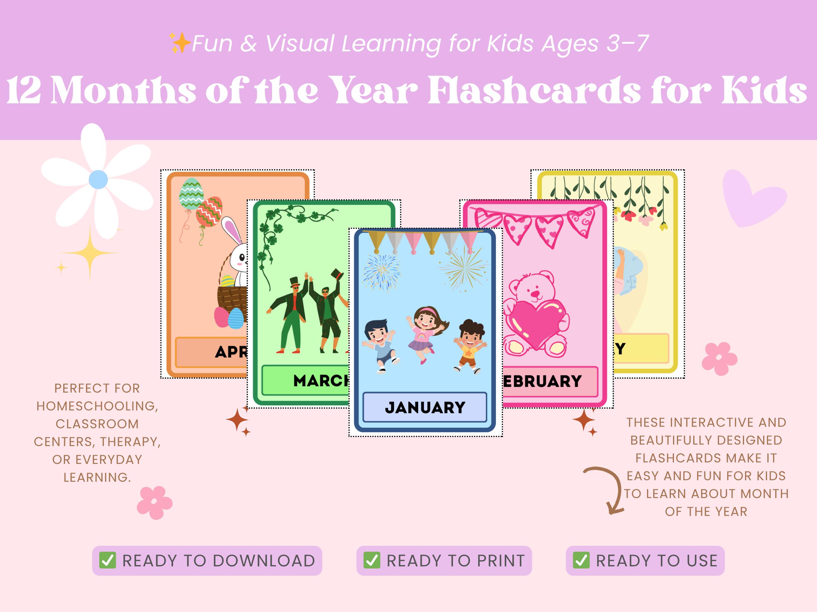 12 Months of the Year Flashcards, Printable Preschool Calendar Learning ...