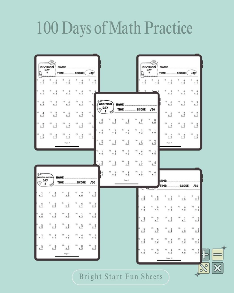 100 Days Math Challenge, Single Digit Addition Subtraction ...