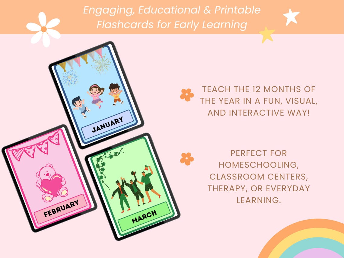 12 Months of the Year Flashcards, Printable Preschool Calendar Learning ...