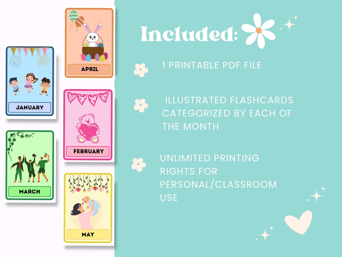 12 Months of the Year Flashcards, Printable Preschool Calendar Learning ...