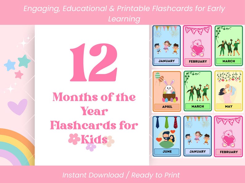 12 Months of the Year Flashcards, Printable Preschool Calendar Learning ...