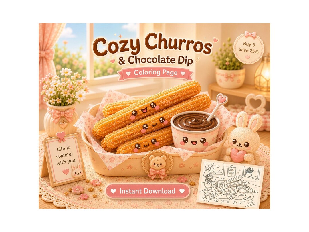 Cozy Churros Coloring Page, Cozy Dessert, Chocolate Dip, PDF Download ...