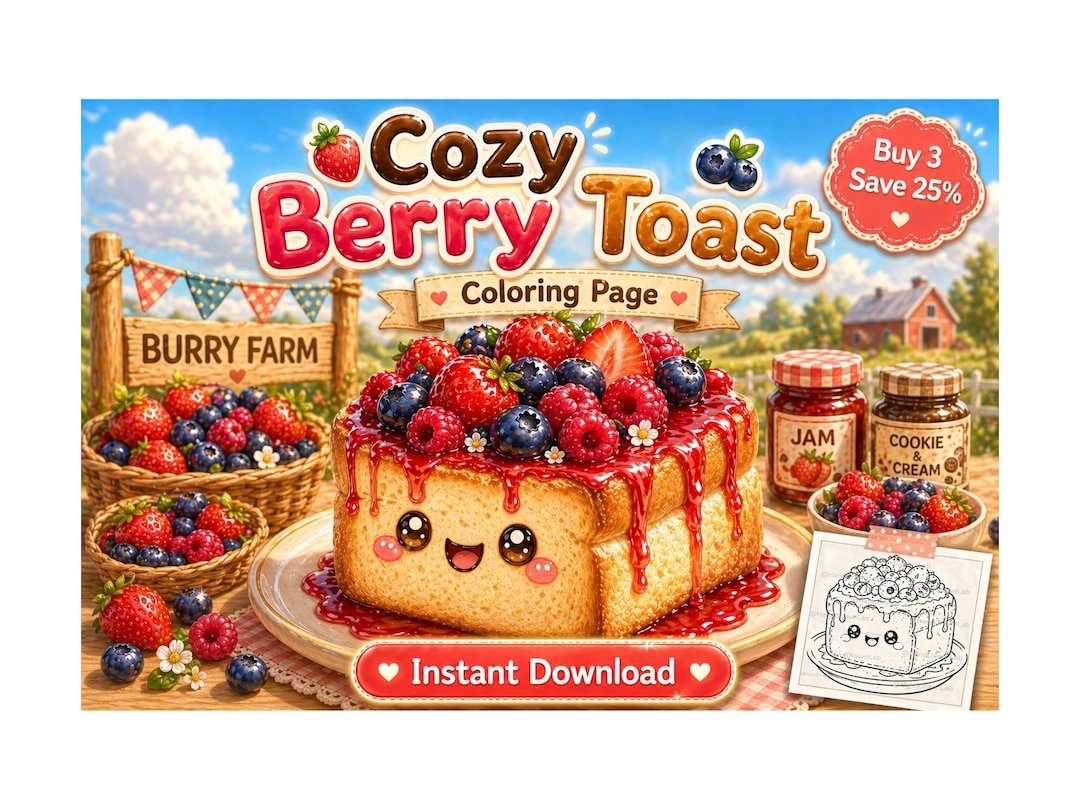 Cozy Berry Toast Coloring Page, Cozy Bakery Dessert Printable (instant ...