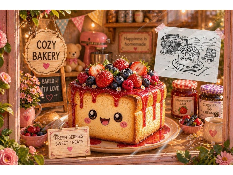 Cozy Berry Toast Coloring Page, Cozy Bakery Dessert Printable (instant ...