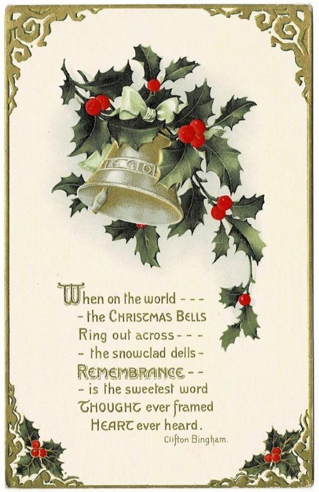 1909 Christmas Bell Poem by Clifton Bingham Vintage Embossed Gilded ...