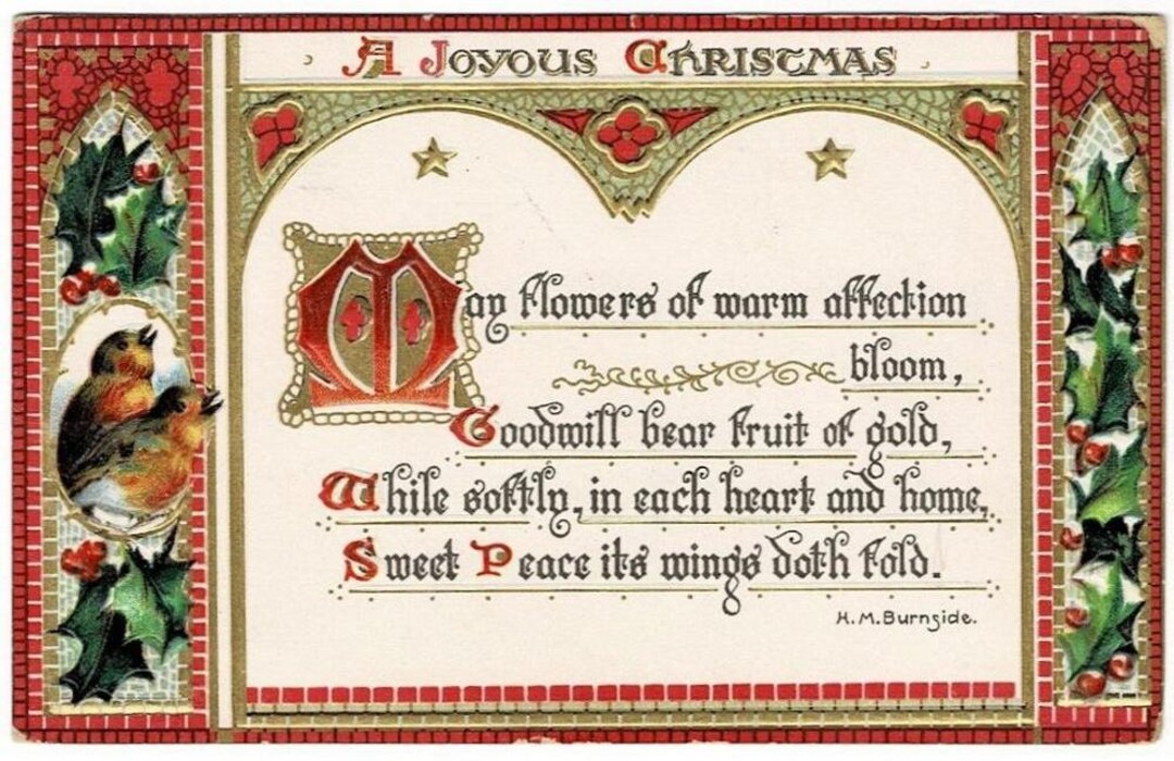 1908 Illuminated Script Songbird Holly Burnside Poem Embossed Vintage ...