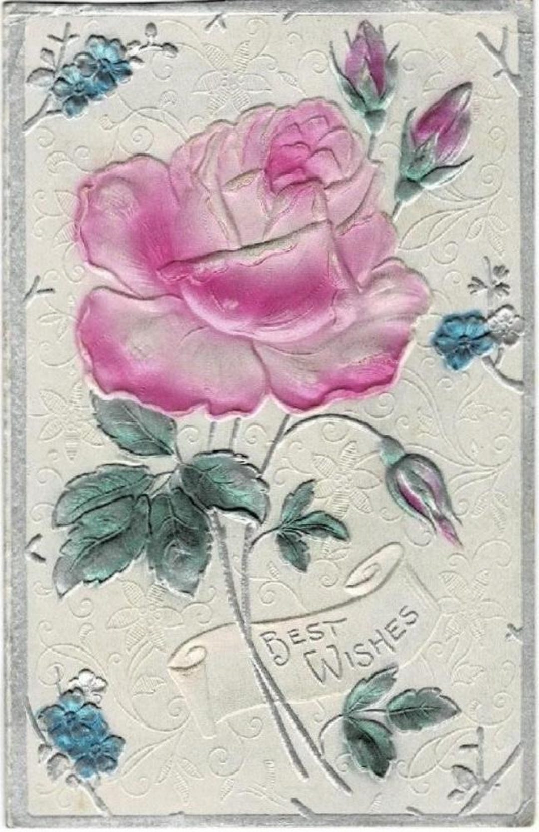 1910 Best Wishes Embossed Pink Rose Silver Gilding Vintage Novelty ...