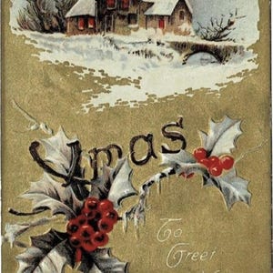1910 Gilded En Plein Air and Holly Winter Pastoral Vintage Embossed Christmas Postcard Get Lucky ...