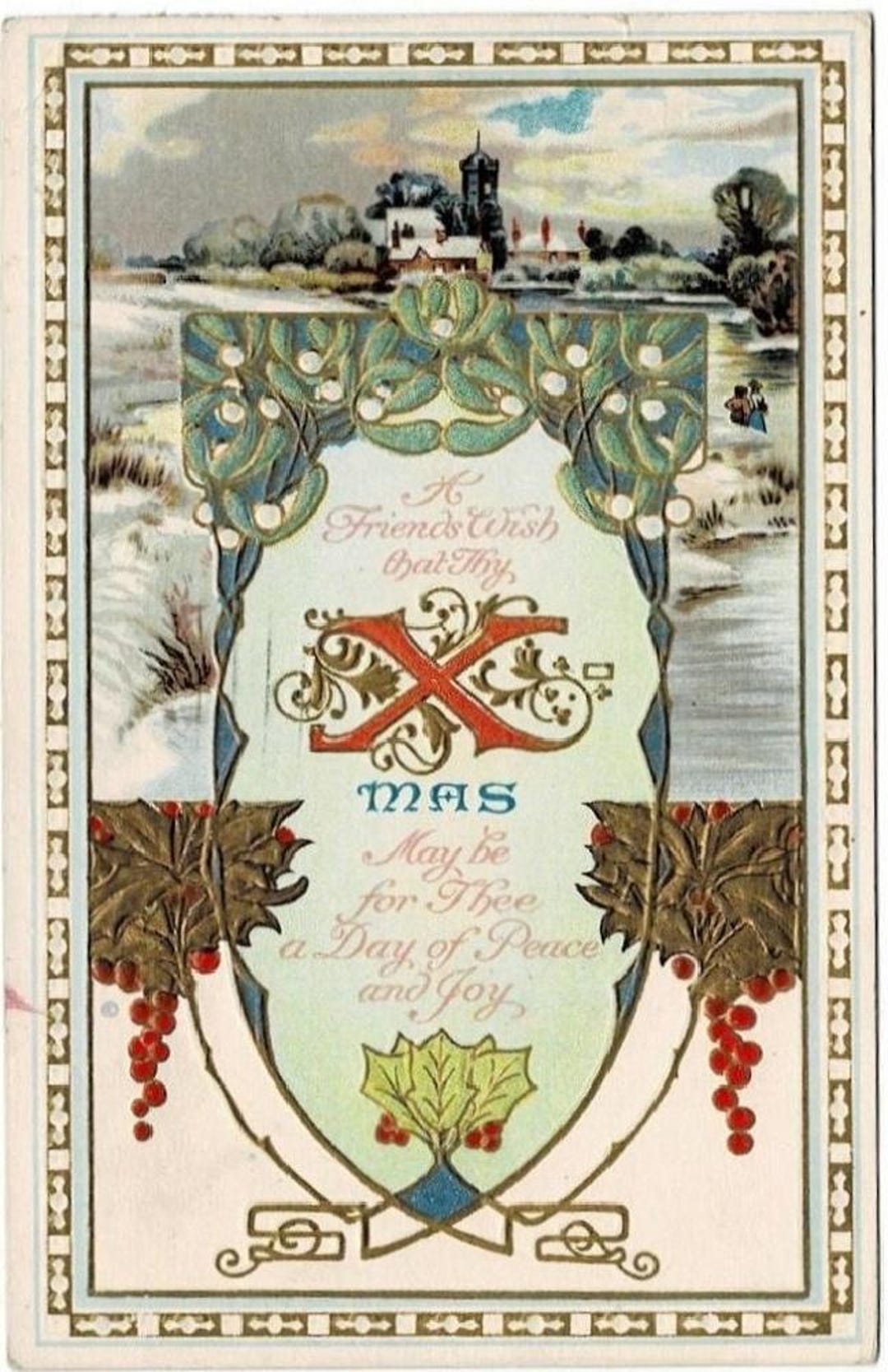 1912 Art Nouveau Elegant Illuminated Script Winter Scene Embossed ...