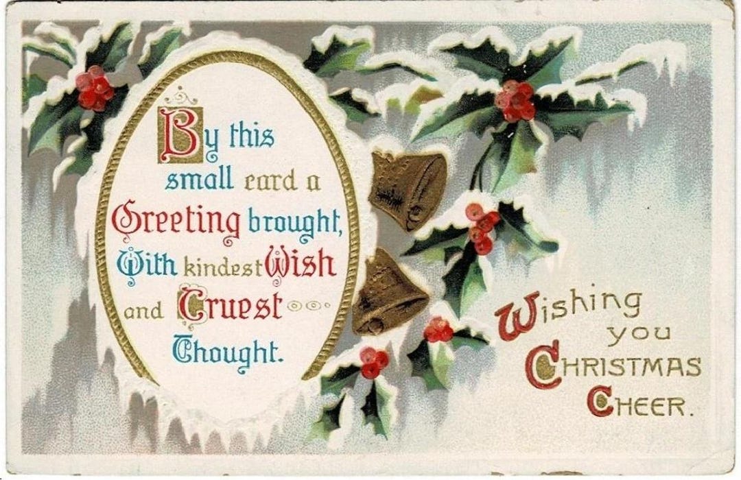 1911 Illuminated Script Snow Covered Bells & Holly Antique Vintage Christmas Postcard Embossed ...