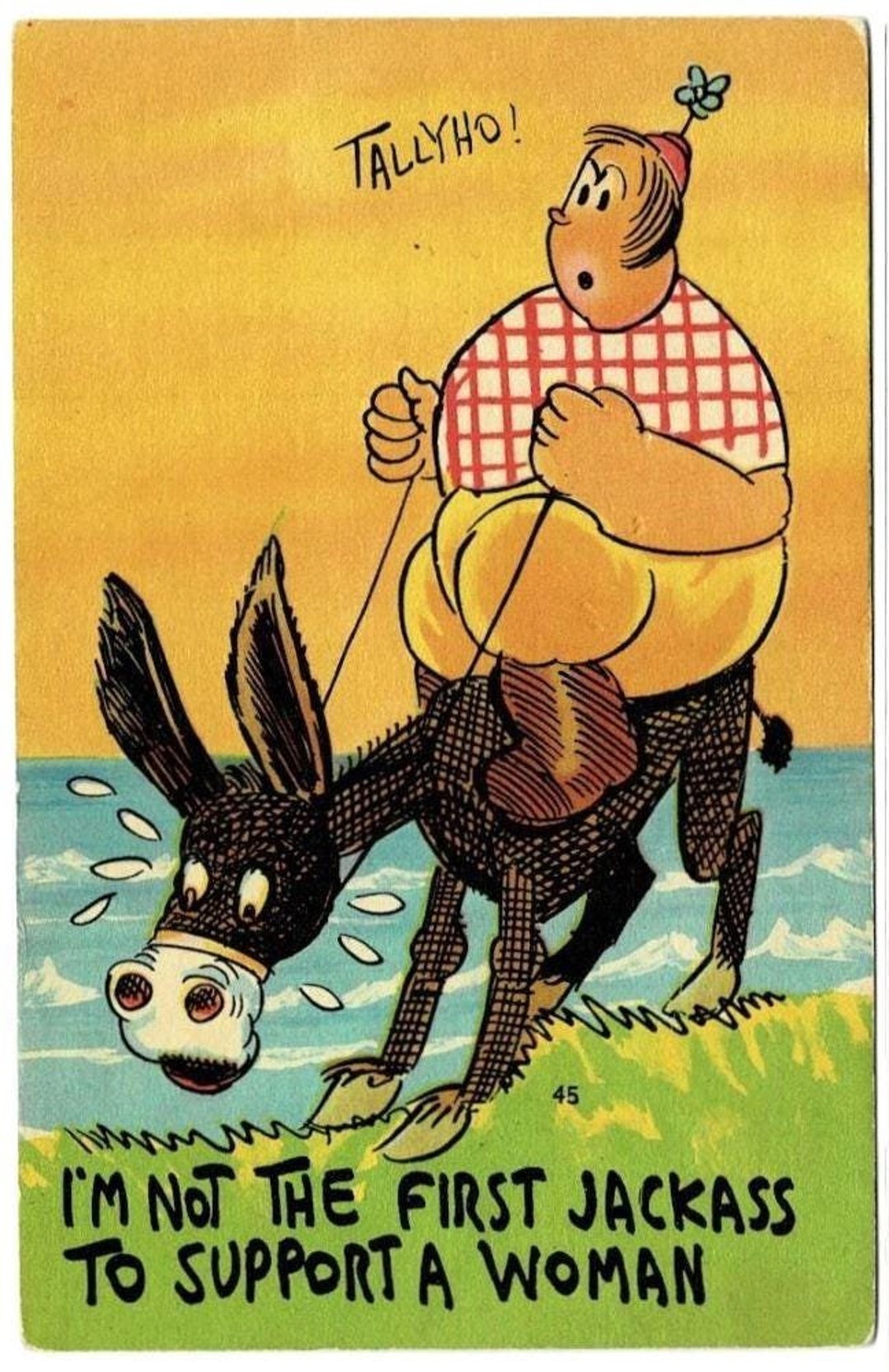 1940s Jackass Carries Fat Lady Vintage Marriage Seaside Comic Postcard ...