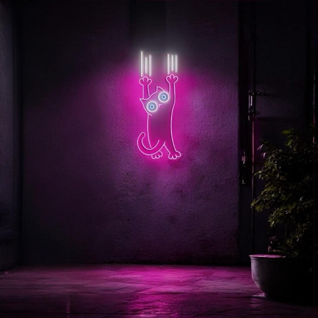 Cute Cat Trying to Climb the Wall Neon Sign, Cat Gift, Cat Sign, Cat ...