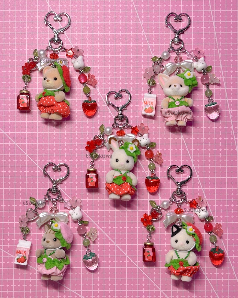 Handmade Keychain With Strawberry Themed Miniature Animal Figure - Etsy