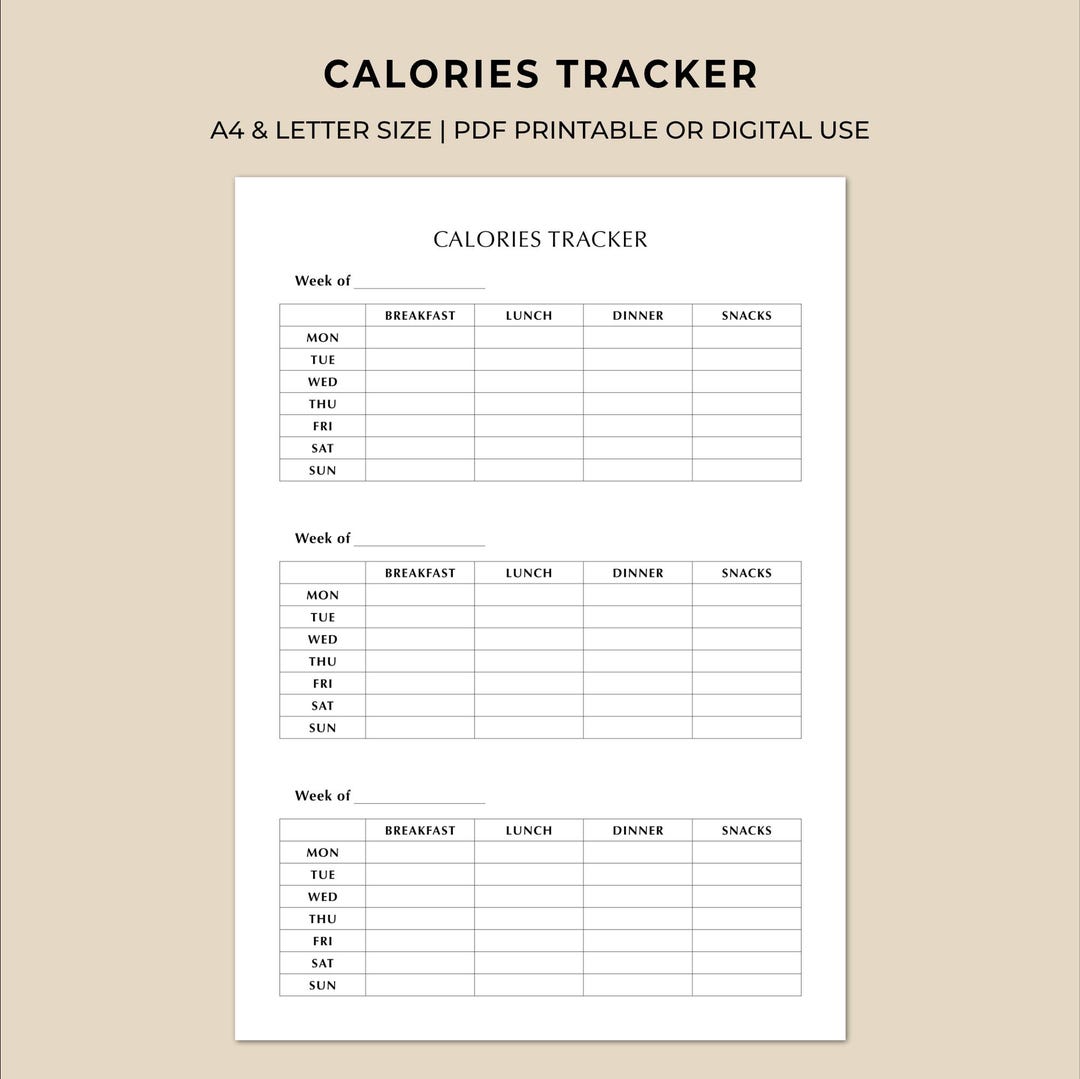 Calories Tracker Printable | Weekly Meal & Calorie Log | A4 Letter PDF ...