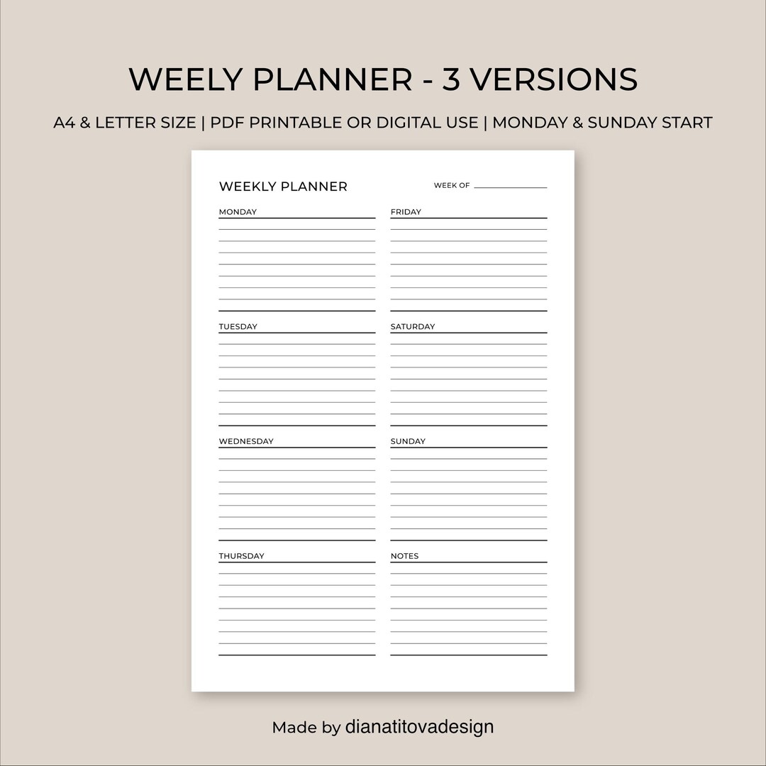 Minimalist Weekly Planner Printable | 3 Versions | Undated Week at a ...