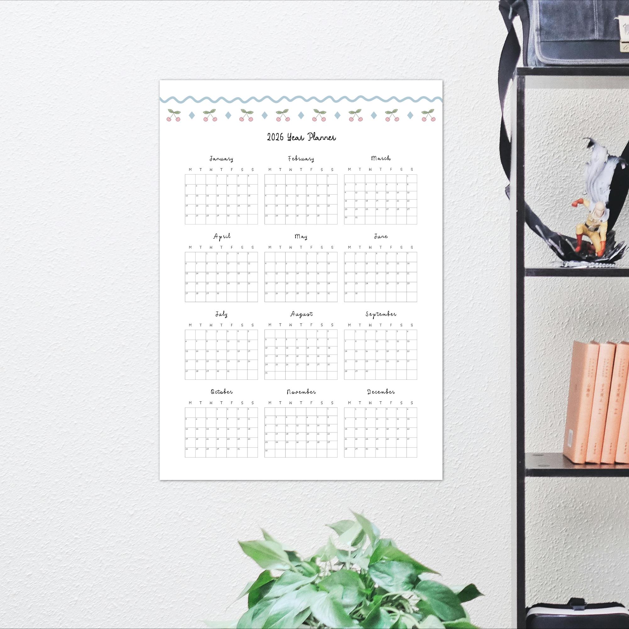 2026 Yearly Planner Printable | Cute Cherry Border Calendar ...